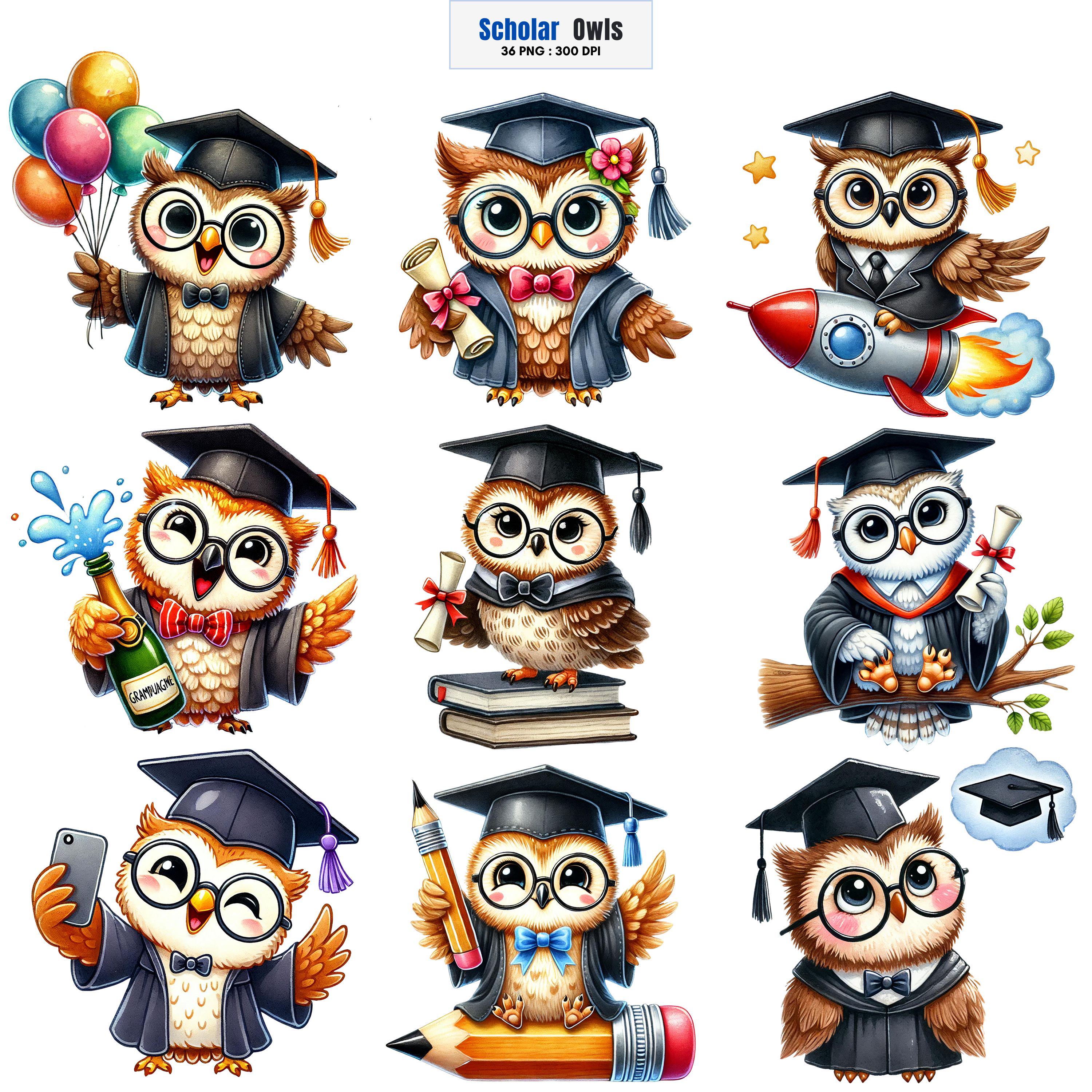 Scholar Owl Graduation Clipart Bundle – 36 Watercolor Pngs Featuring ...