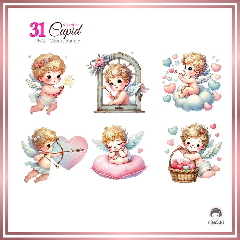 Valentine Cupid Clipart Bundle - 31 PNG Elements, Cute Cupid Watercolor ...