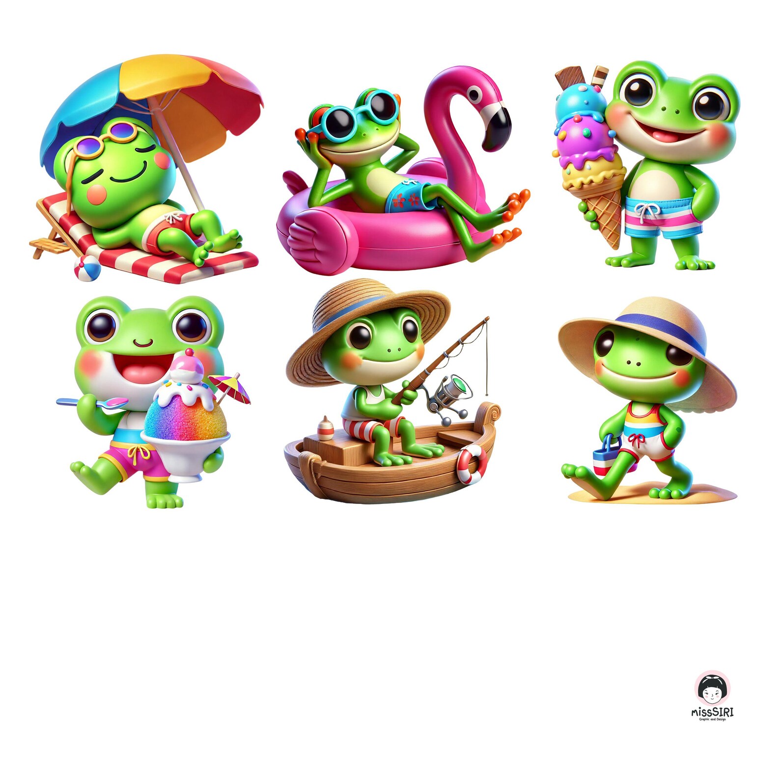 Summer Frog Watercolor Clipart Set – 42 Cute PNG Beach Frogs on ...