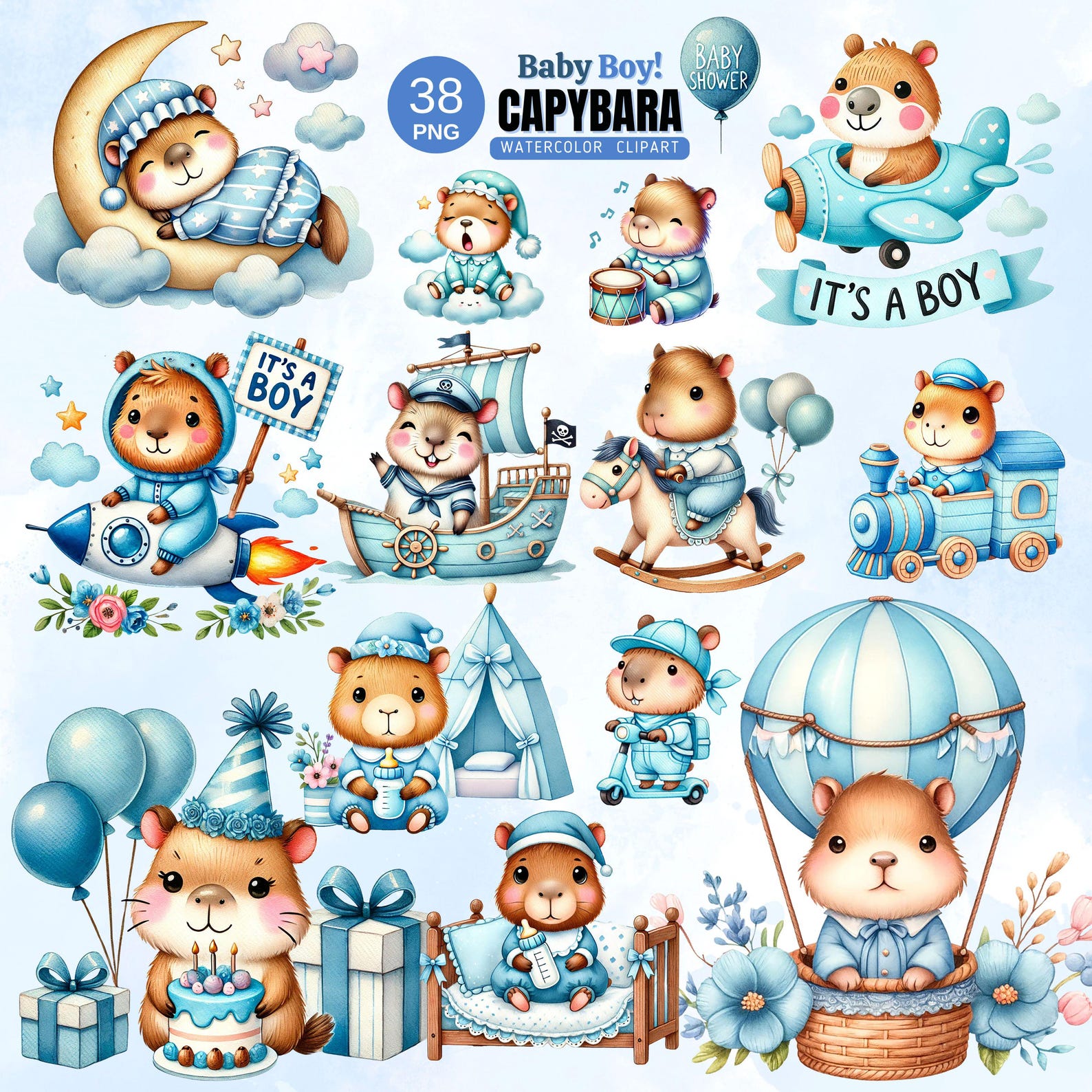 Baby Boy Capybara Watercolor Clipart Set – 38 PNG Files for Baby Shower ...