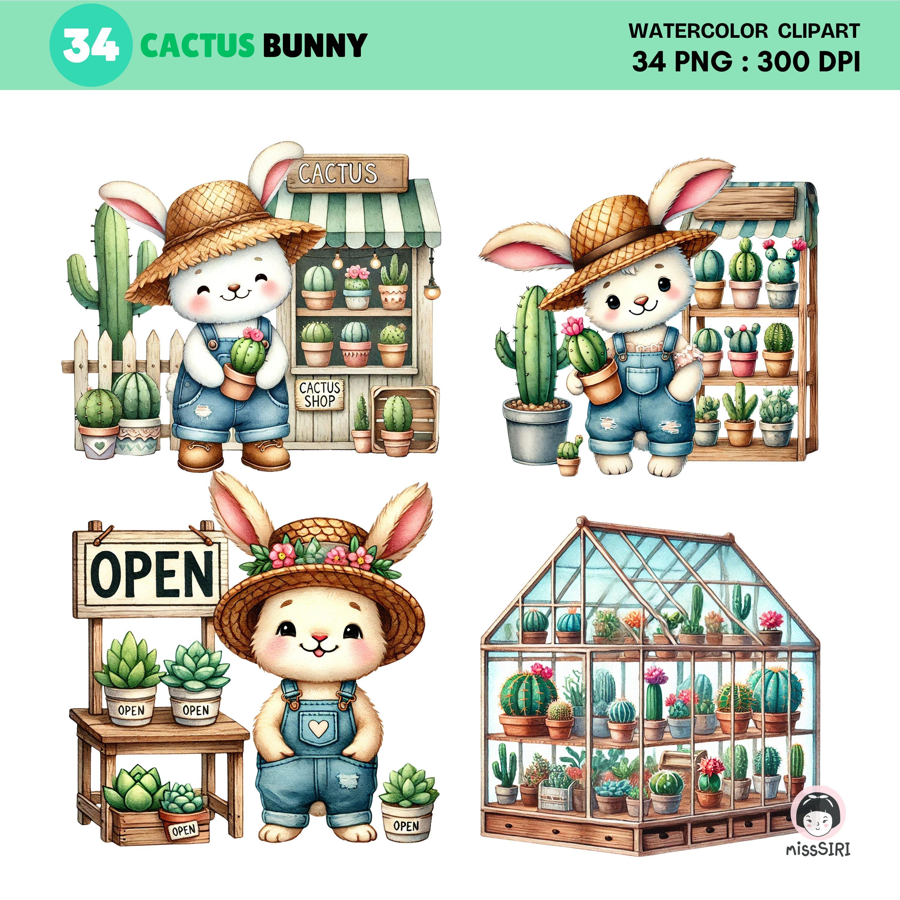 Cactus Bunny Watercolor Clipart Bundle – 34 Adorable Gardening Rabbit ...