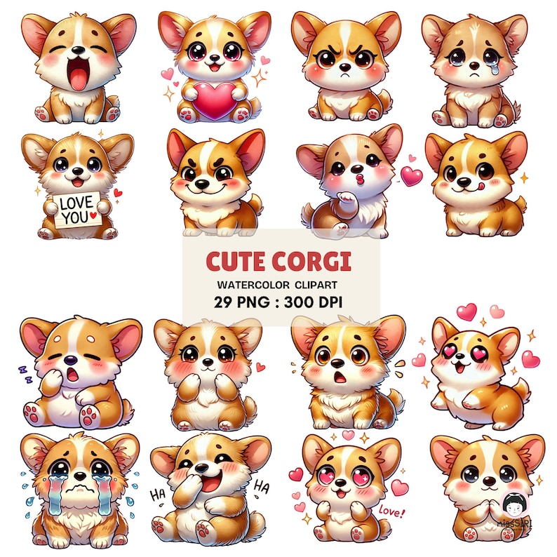 Cute Corgi Clipart Set | 29 Watercolor Pngs of Kawaii Dog Expressions ...