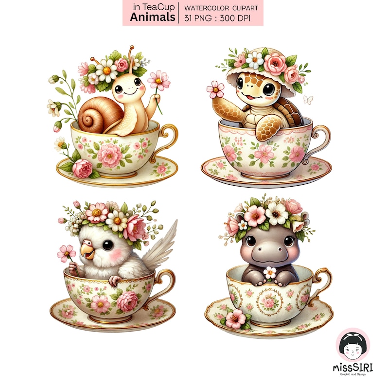 Teacup Animals Watercolor Clipart – 31 PNG Cute Animals in Vintage ...