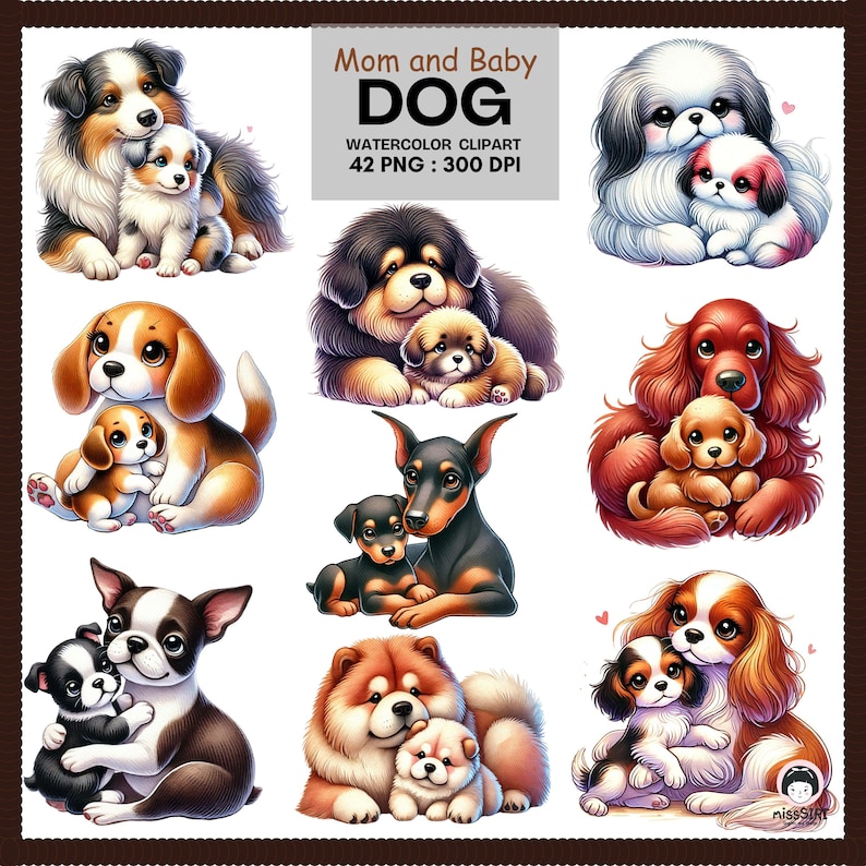 Mom and Baby Dog Watercolor Clipart – 42 PNG Adorable Dog Families ...
