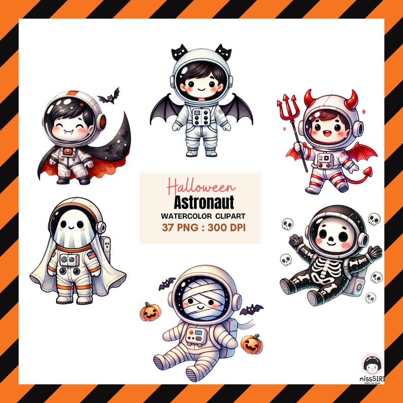 Halloween Astronaut Clipart Bundle | 37 Watercolor Pngs for Spooky ...
