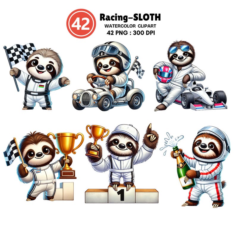 Racing Sloth Watercolor Clipart Bundle – 42 Cute Pngs of Cartoon Sloths ...