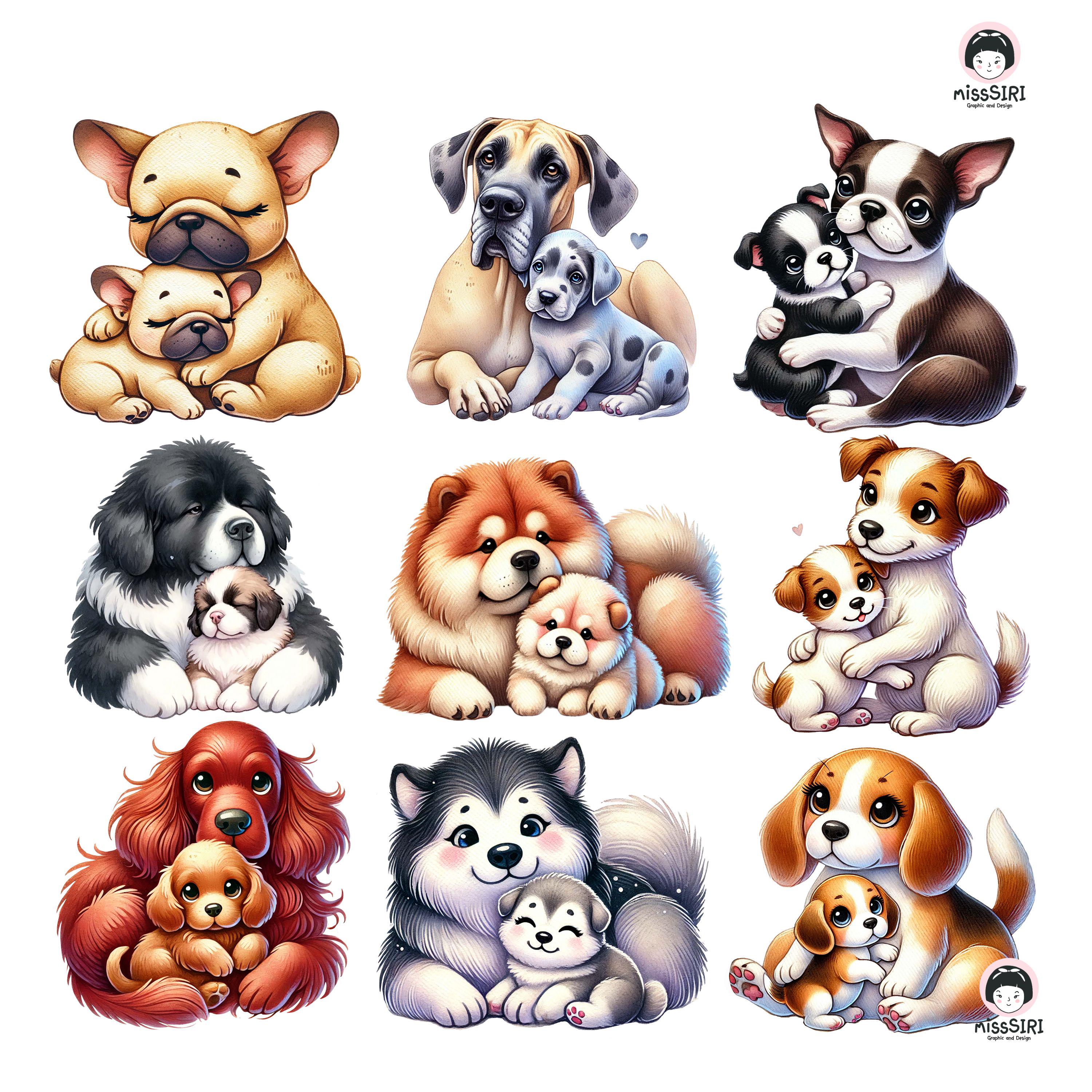 Mom and Baby Dog Watercolor Clipart – 42 PNG Adorable Dog Families ...