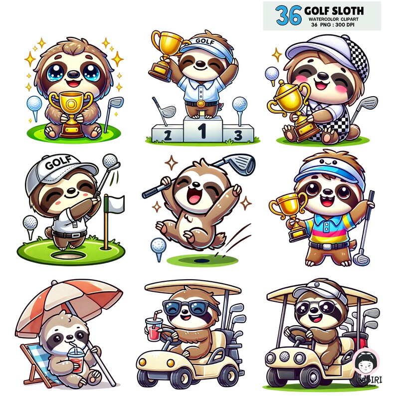 Golf Sloth Watercolor Clipart – 36 PNG Adorable Golfing Sloths, Golf ...
