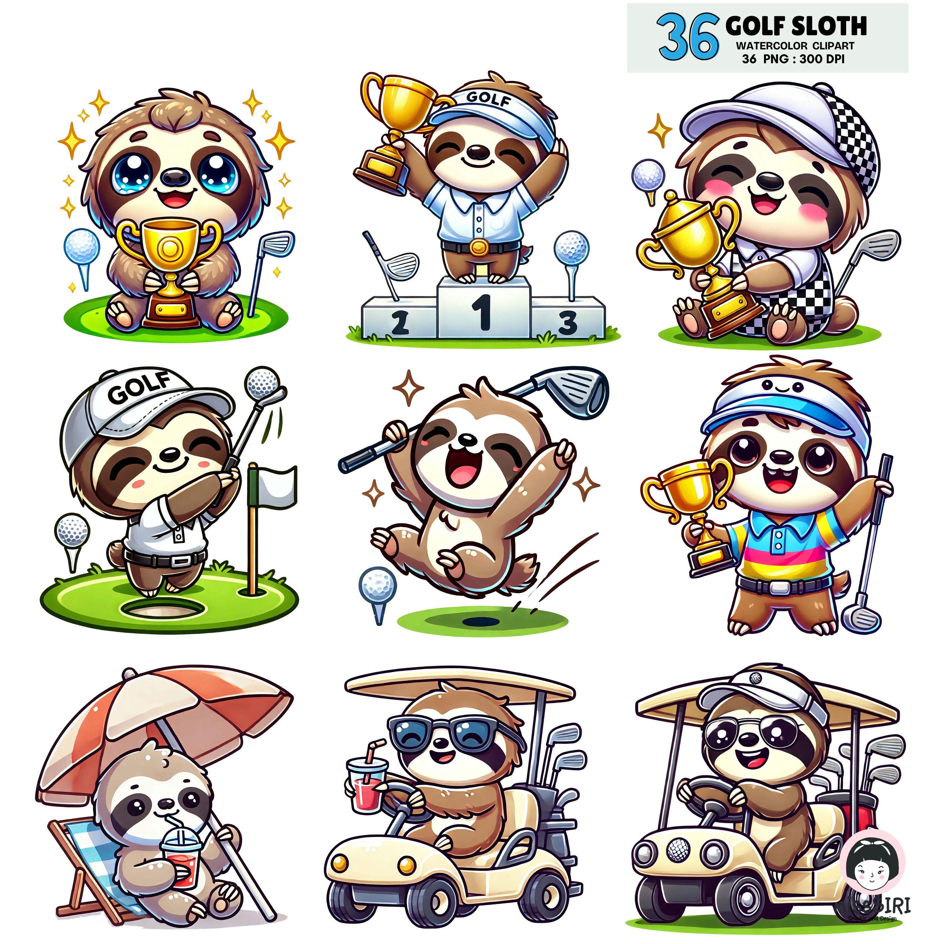 Golf Sloth Watercolor Clipart – 36 PNG Adorable Golfing Sloths, Golf ...