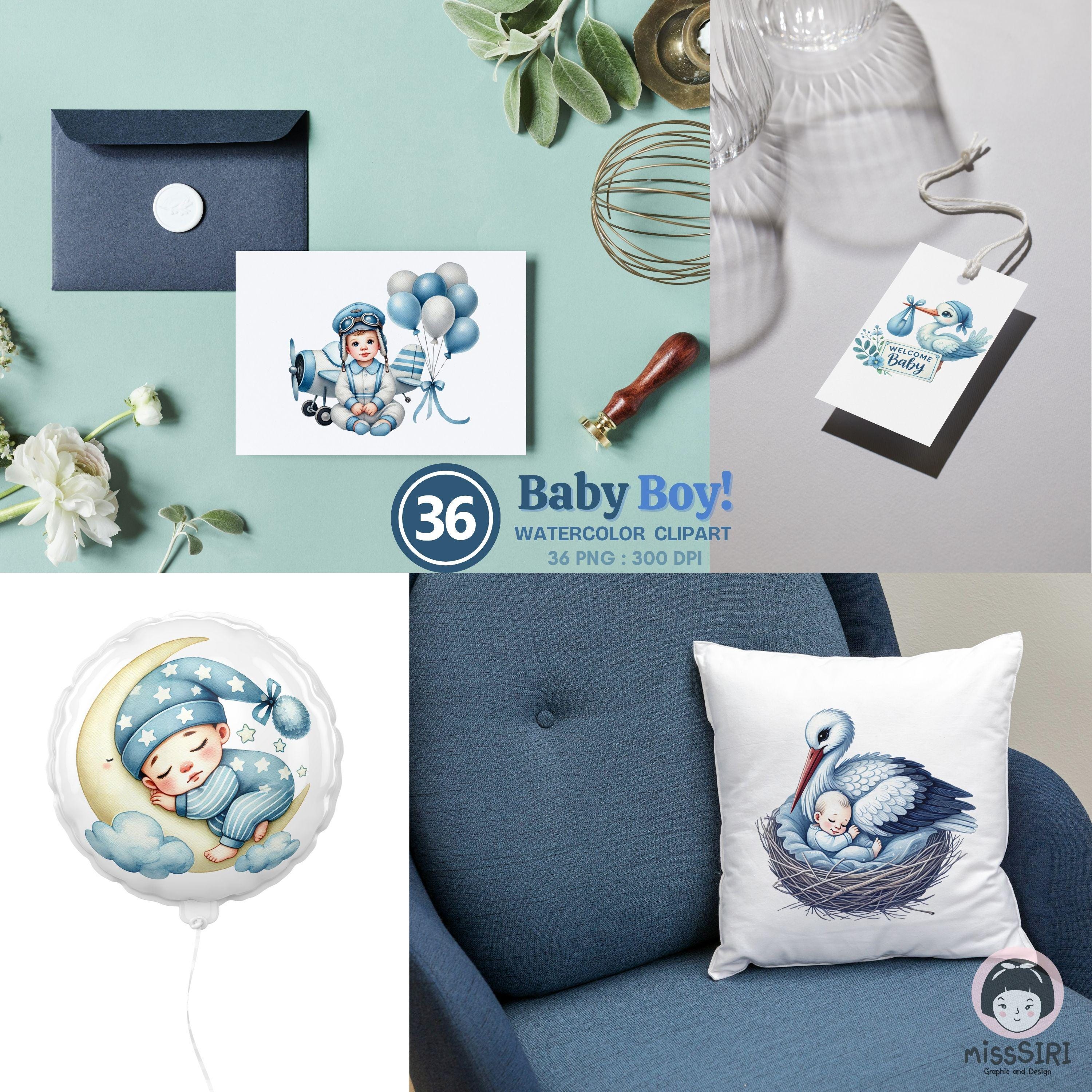 Baby Boy Watercolor Clipart Set - 36 PNG Baby Shower Graphics - Blue ...