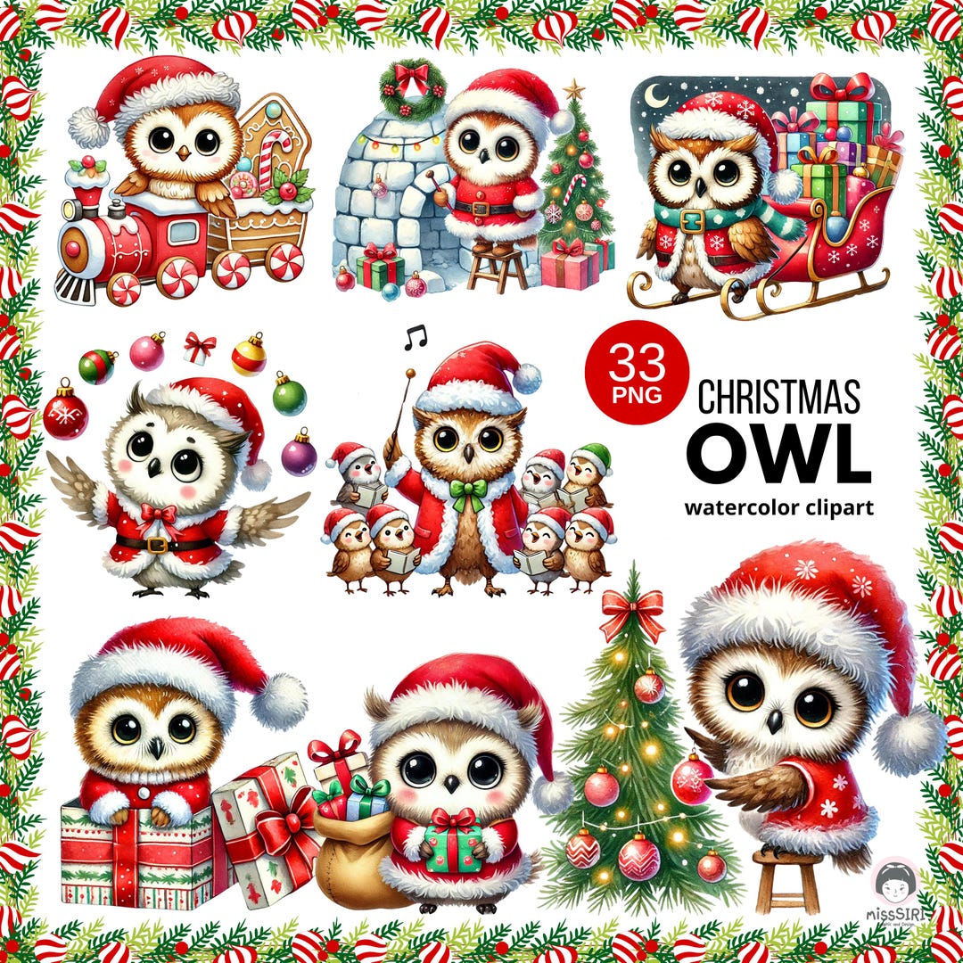 Christmas Owl Watercolor Clipart Set - 33 PNG Cute Santa Owl Graphics ...