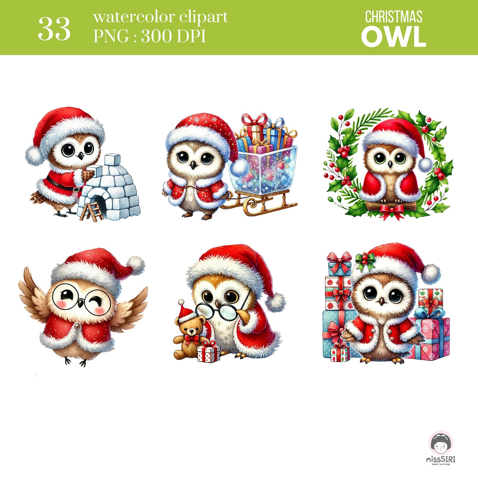 Christmas Owl Watercolor Clipart Set – 33 PNG Holiday Graphics (digital ...