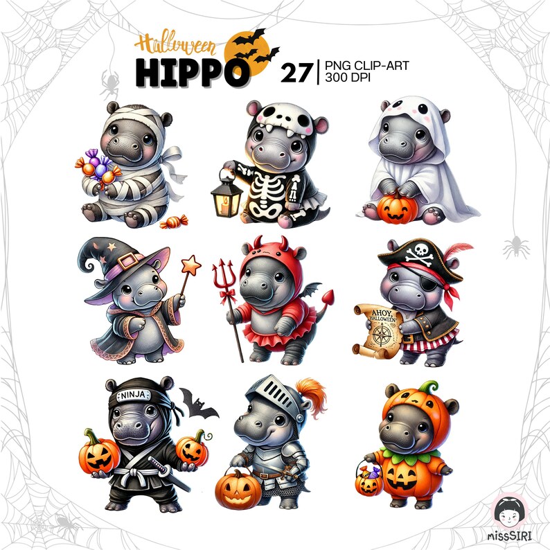 Halloween Hippo PNG Clipart Set, Cute Halloween Animal Clip Art, Hippo ...