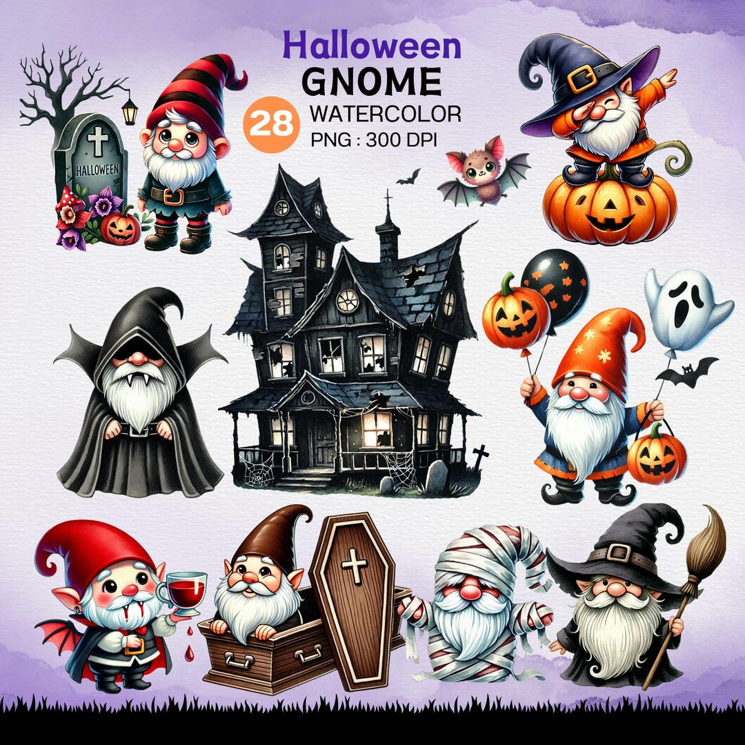 Halloween Gnome Watercolor Clipart Set – 28 PNG 300 DPI , Digital ...