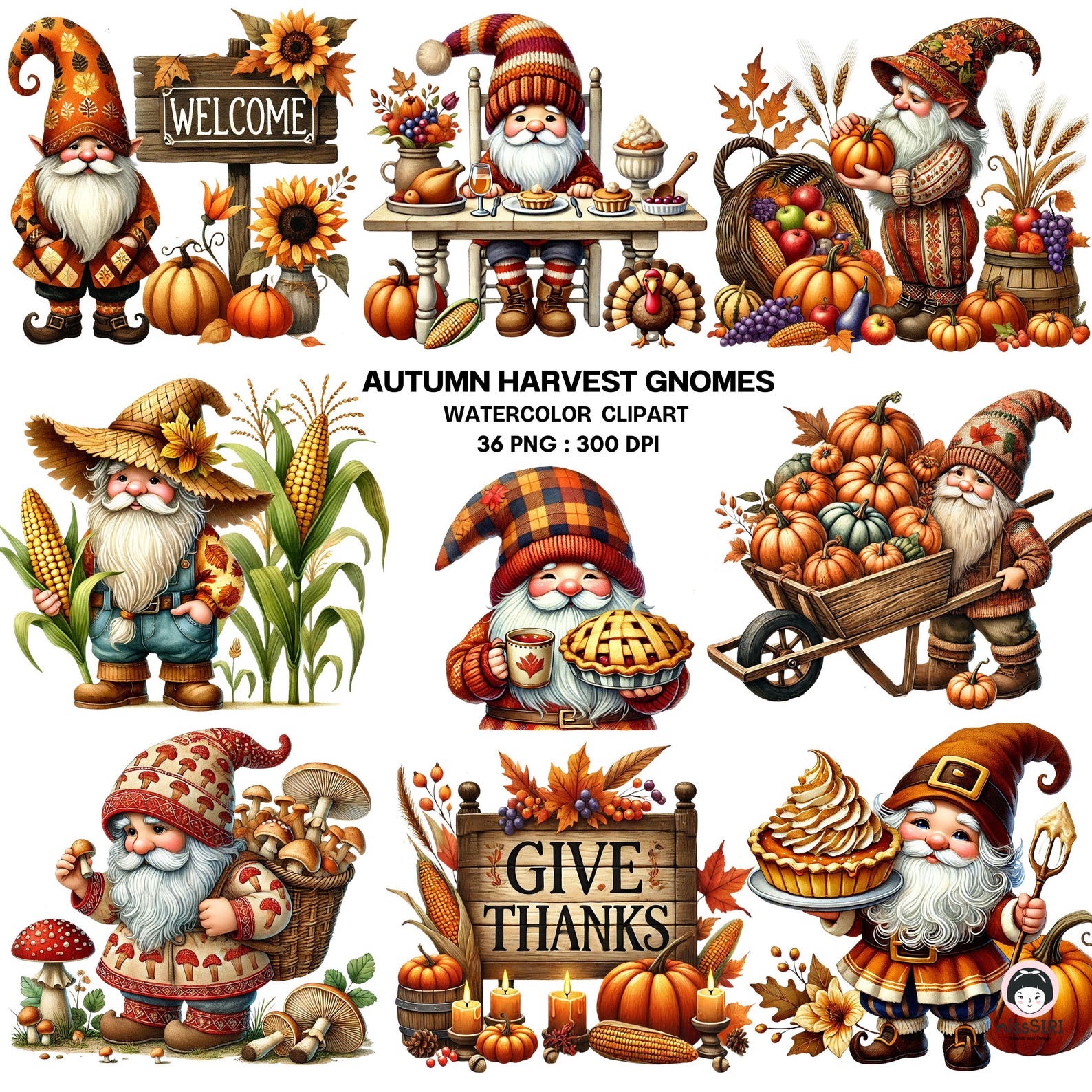 Autumn Harvest Gnomes Clipart Set | 36 Watercolor Pngs With Pumpkins ...