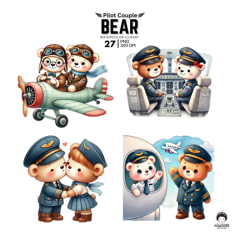 Pilot Couple Bear Clipart Set | 27 Watercolor Pngs for Aviation Wedding ...