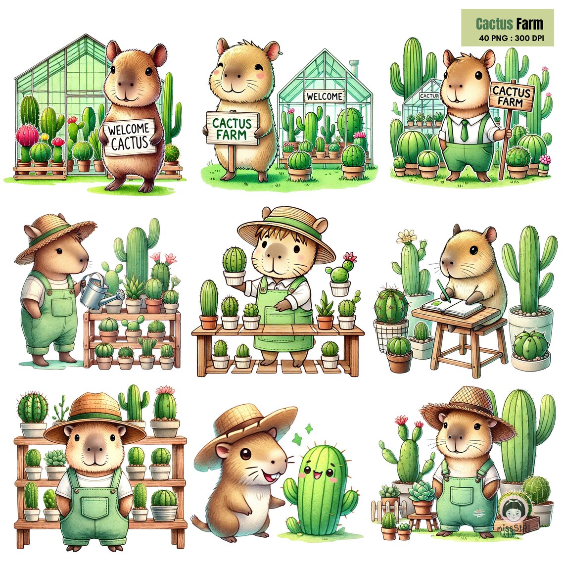 Cactus Farm Capybara Watercolor Clipart – 40 PNG Adorable Capybaras ...