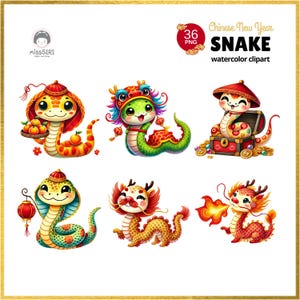 Chinese New Year Snake Watercolor Clipart Bundle, Cute Zodiac Snake PNG ...