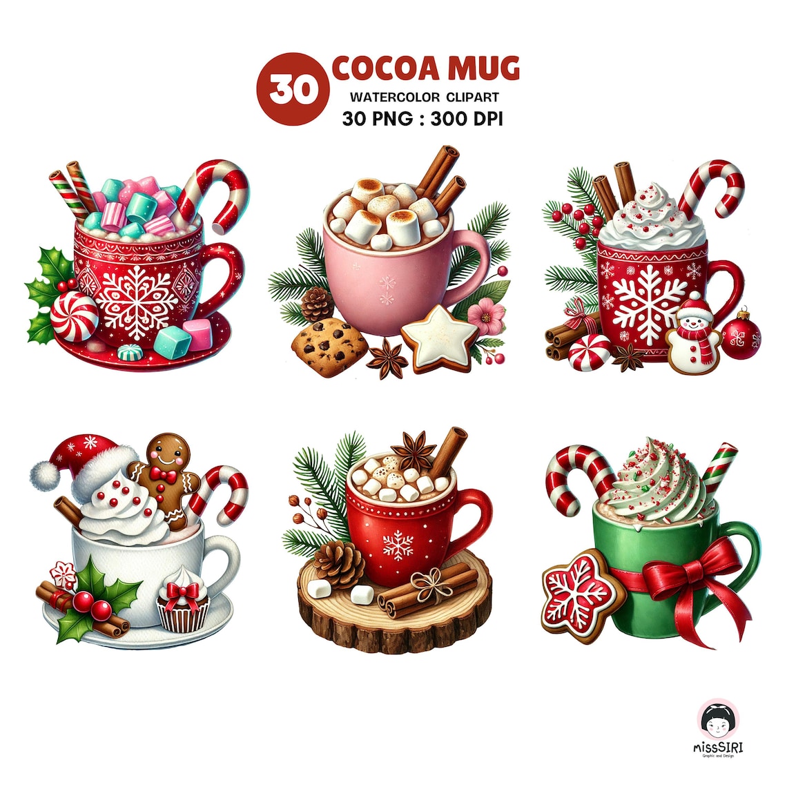 Christmas Cocoa Mug Clipart Set | 30 Festive Watercolor Pngs With ...