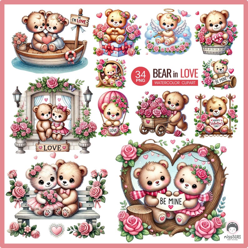 Bear in Love Watercolor Clipart Set - 34 Romantic Valentine’s Day Pngs ...