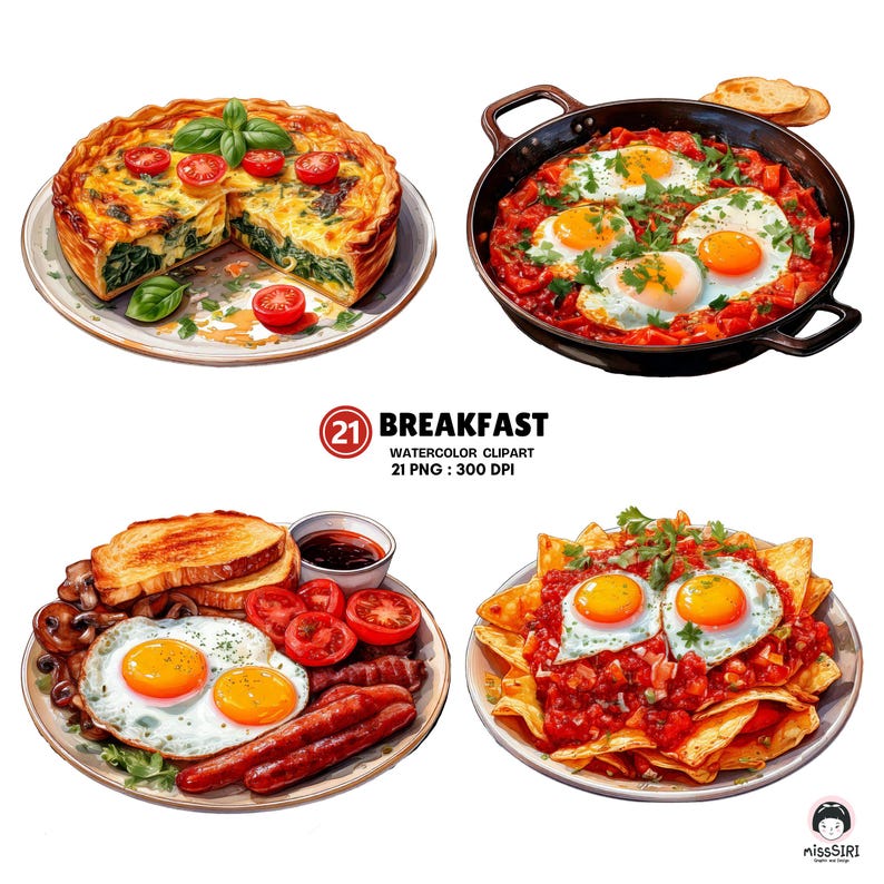 Breakfast Watercolor Clipart – 21 PNG Delicious Morning Dishes With ...