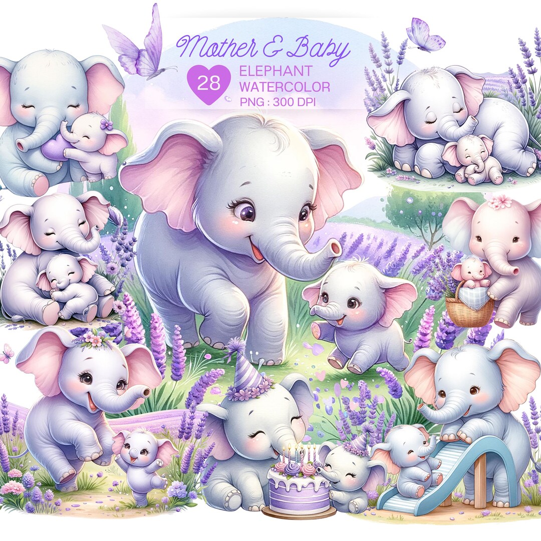 Mother and Baby Elephant Watercolor Clipart - Etsy