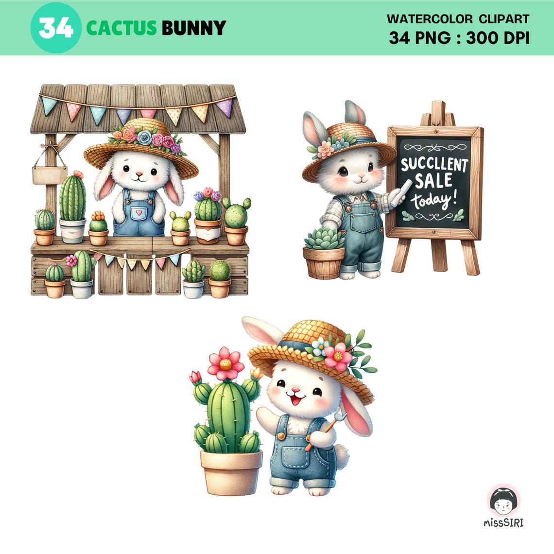 Cactus Bunny Watercolor Clipart Bundle – 34 Adorable Gardening Rabbit ...