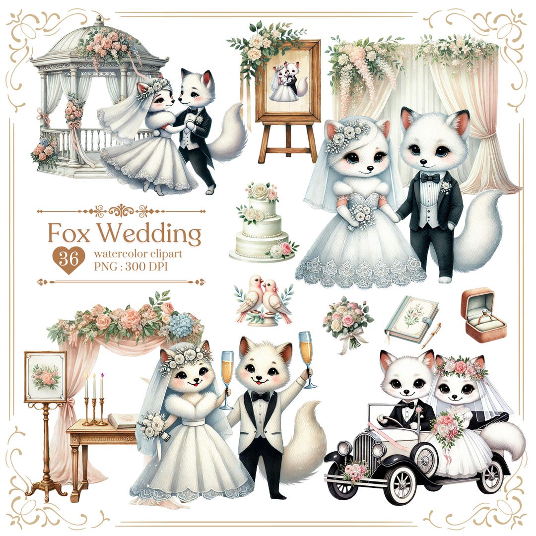 Watercolor Fox Wedding Clipart, Bride and Groom PNG (digital Download ...