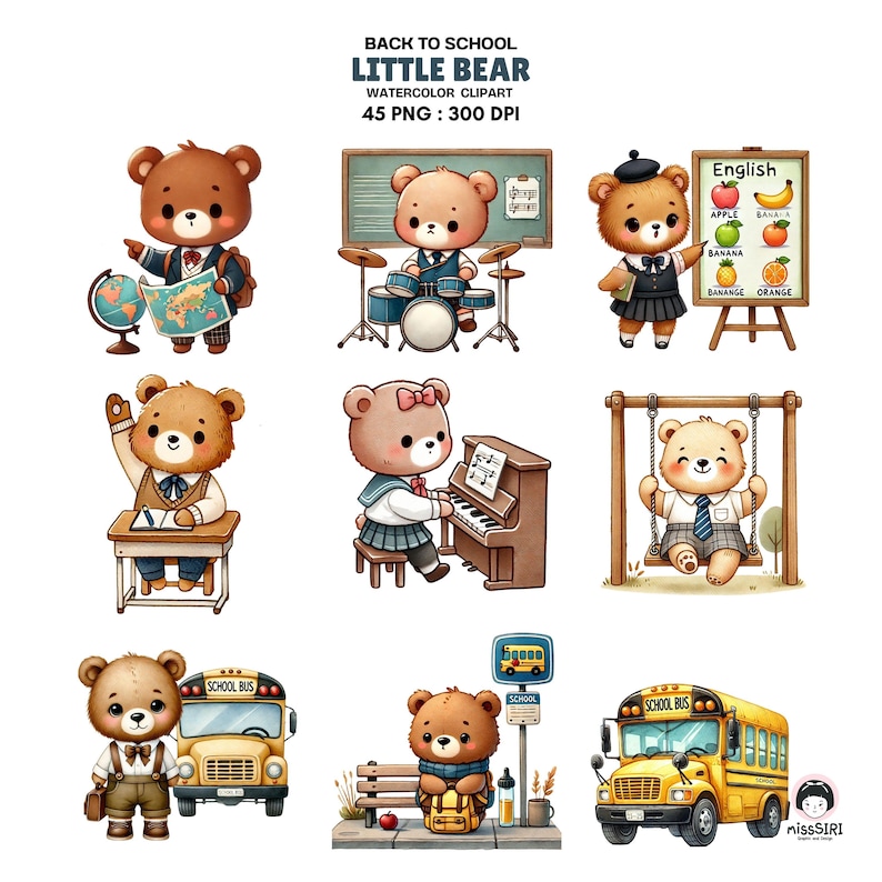 Back to School Little Bear Watercolor Clipart Bundle Featuring Cute ...