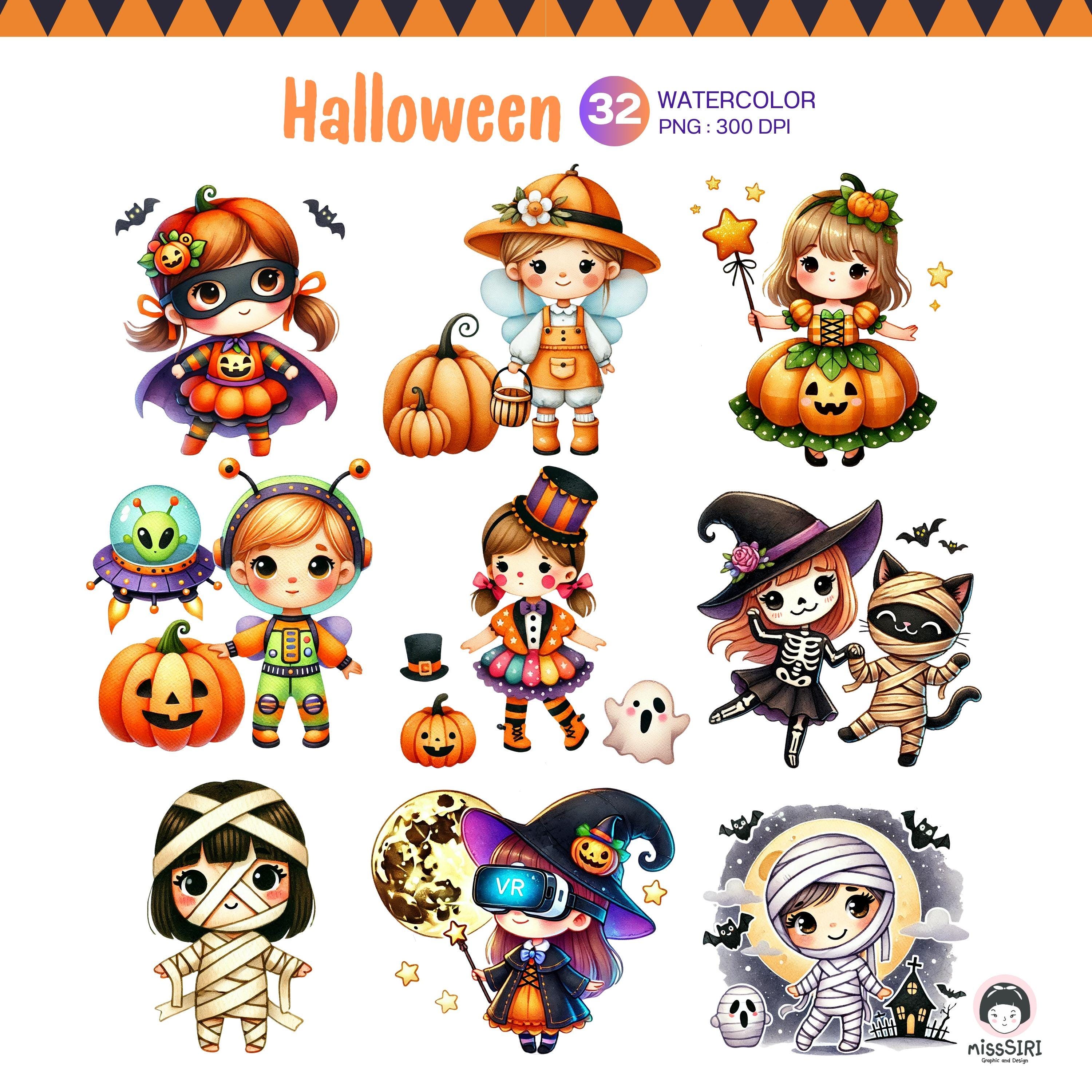 Halloween Watercolor Clipart Bundle, 32 PNG Halloween Cute Witch and ...