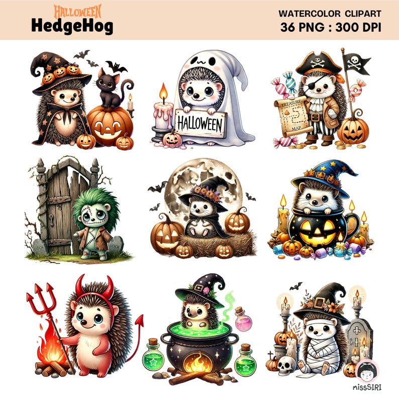 Halloween Hedgehog Clipart Set | 36 Watercolor Pngs of Cute Hedgehogs ...