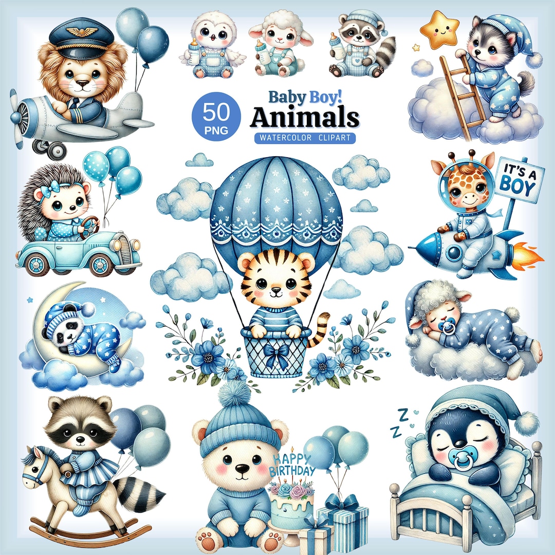 Baby Boy Animals Watercolor Clipart Set – 50 PNG Files for Baby Shower ...