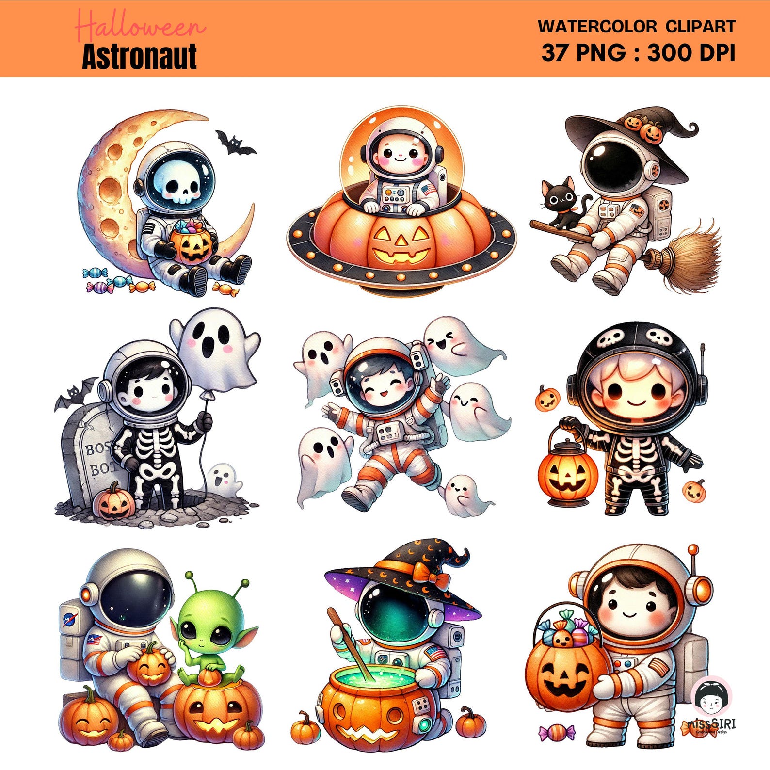 Halloween Astronaut Clipart Bundle | 37 Watercolor Pngs for Spooky ...