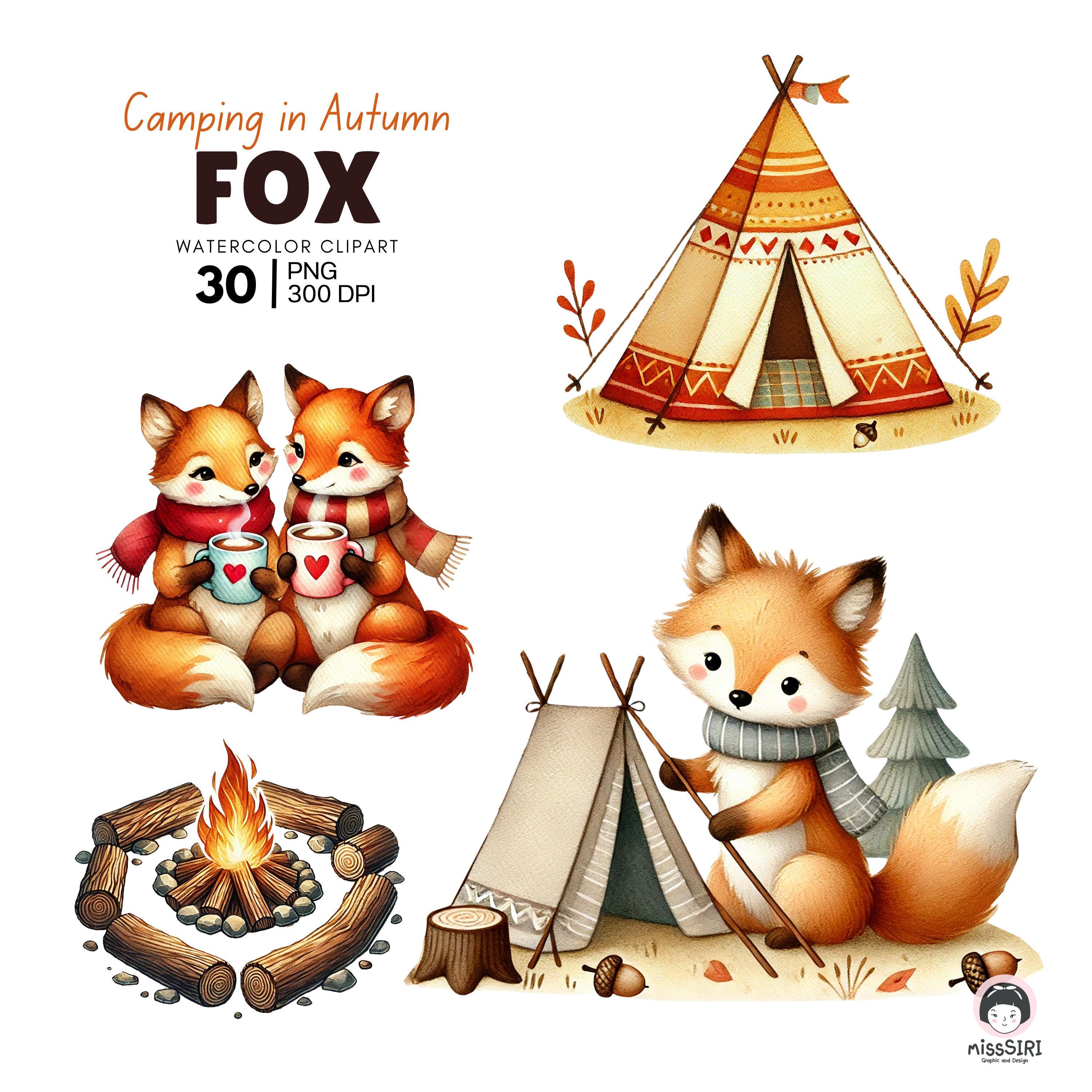 Autumn Camping Fox Clipart Bundle, 30 PNG Watercolor Woodland Animals ...
