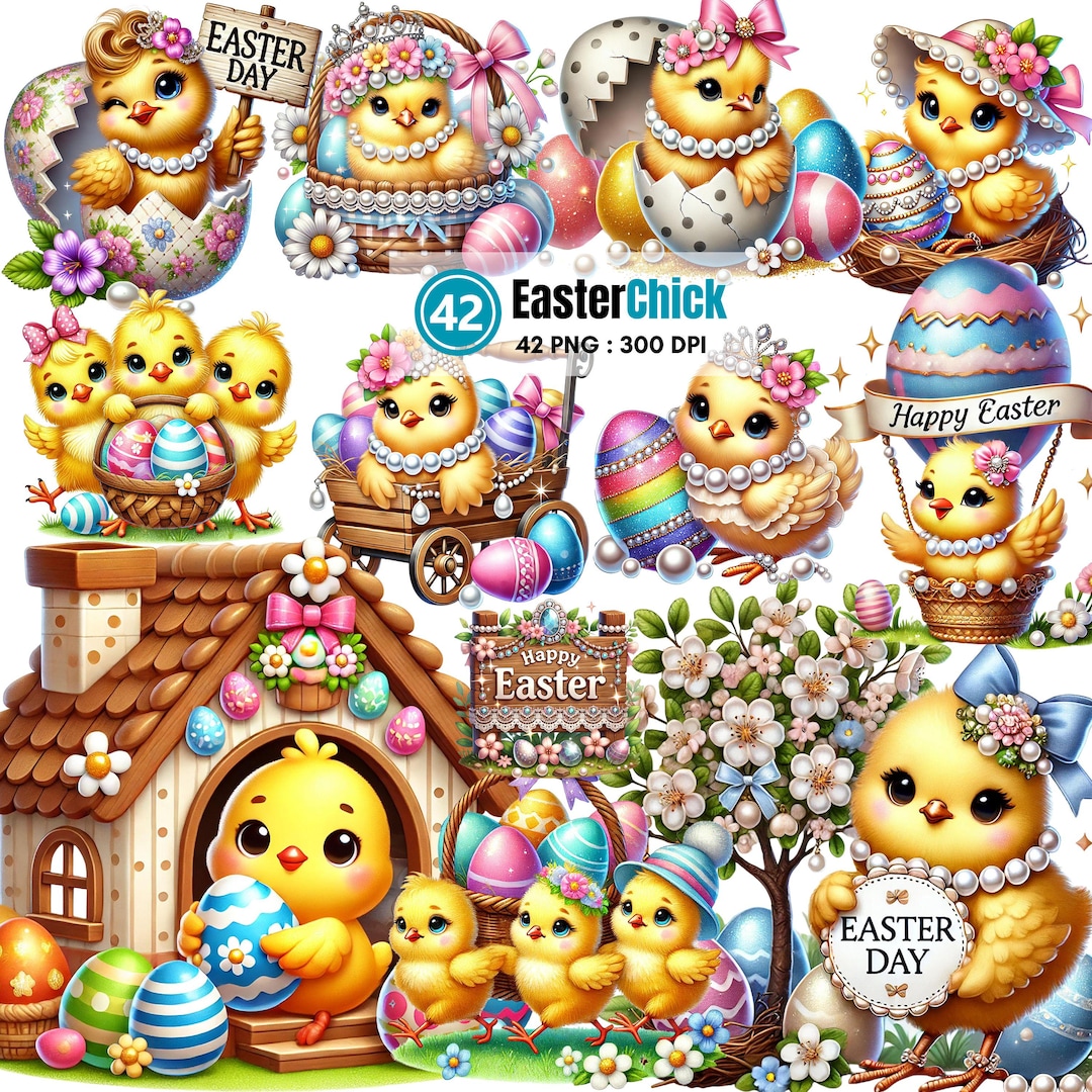 Easter Chick Watercolor Clipart – 42 PNG Adorable Chicks With Easter ...
