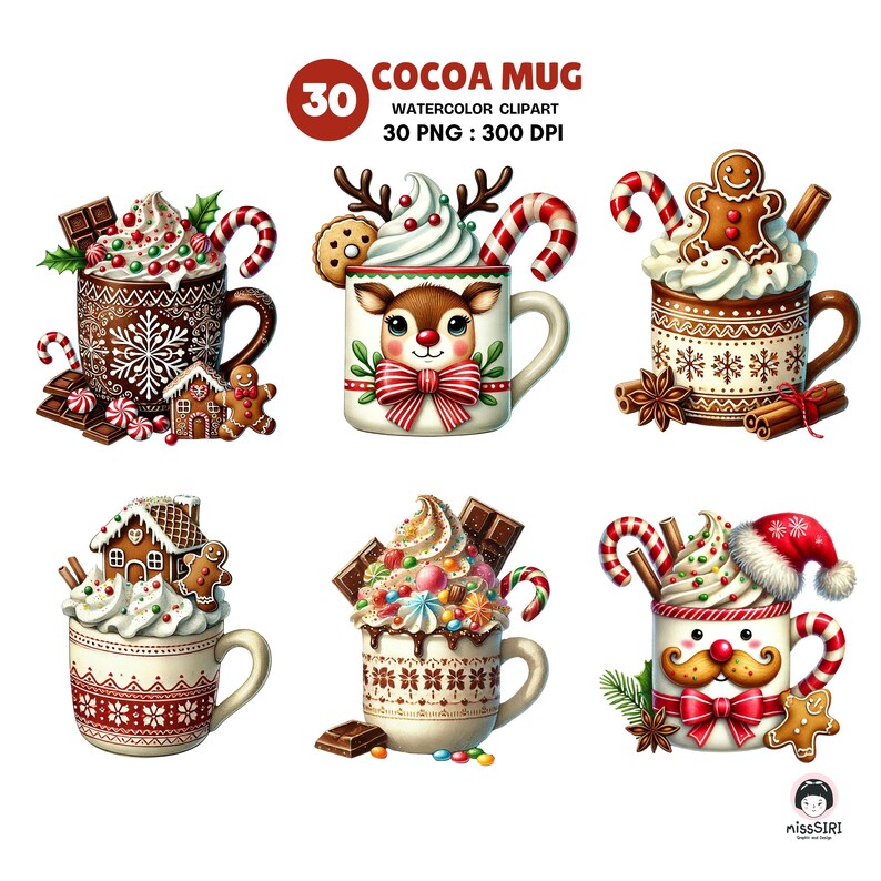 Christmas Cocoa Mug Clipart Set | 30 Festive Watercolor Pngs With ...