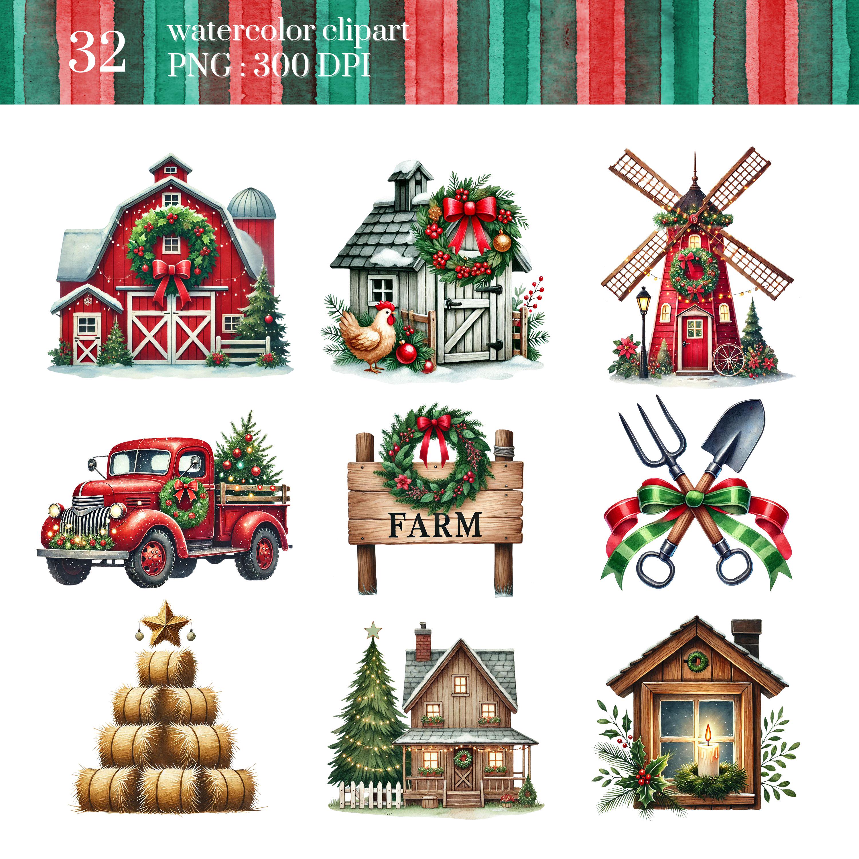 Watercolor Christmas Farm Animal Clipart – 32 PNG Holiday Illustrations ...