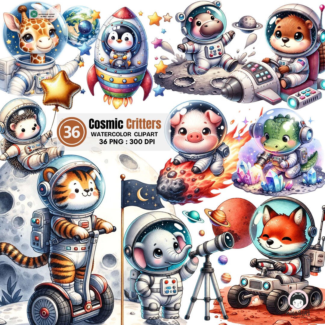 Cosmic Critters Watercolor Clipart – 36 PNG Adorable Space Animals With ...