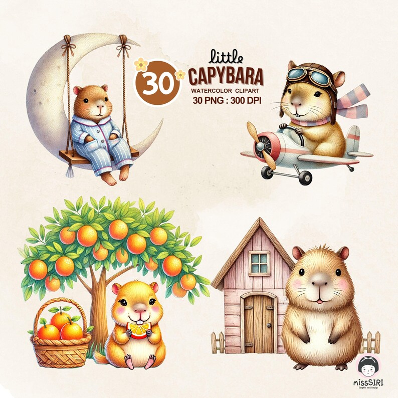 Little Capybara Watercolor Clipart Set – 30 PNG Images, 300 DPI Digital ...