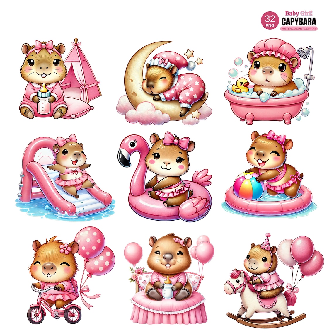 Baby Girl Capybara Watercolor Clipart Set – 32 PNG Files for Baby ...