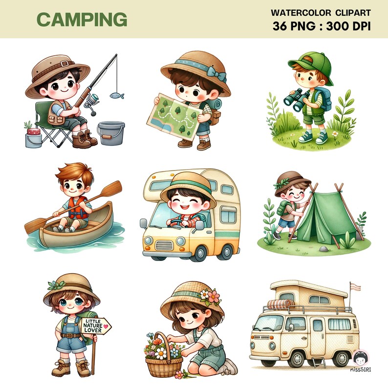 Camping Kids Clipart Bundle | 36 Watercolor Pngs With Hiking Boys Girls ...