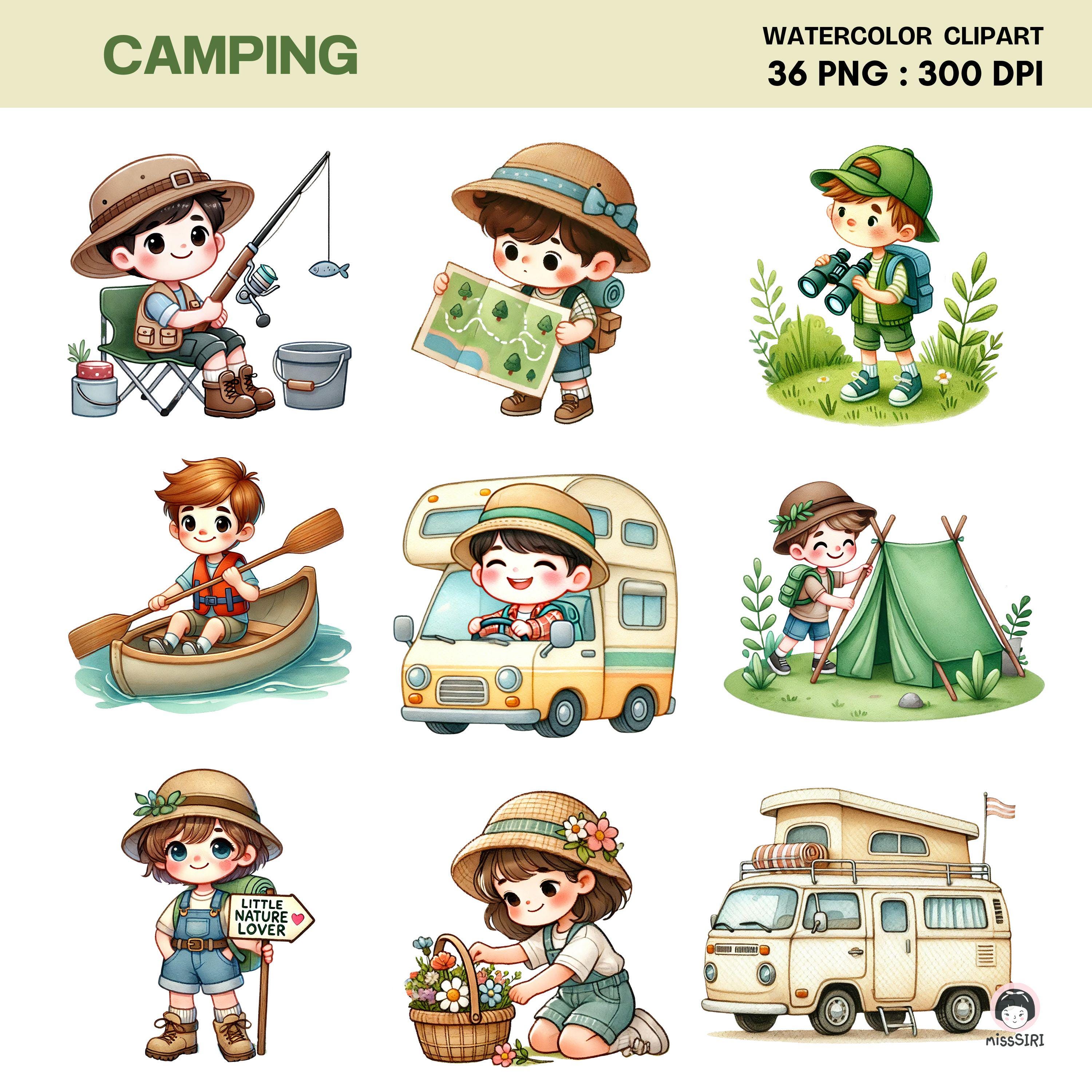 Camping Kids Clipart Bundle | 36 Watercolor Pngs With Hiking Boys Girls ...
