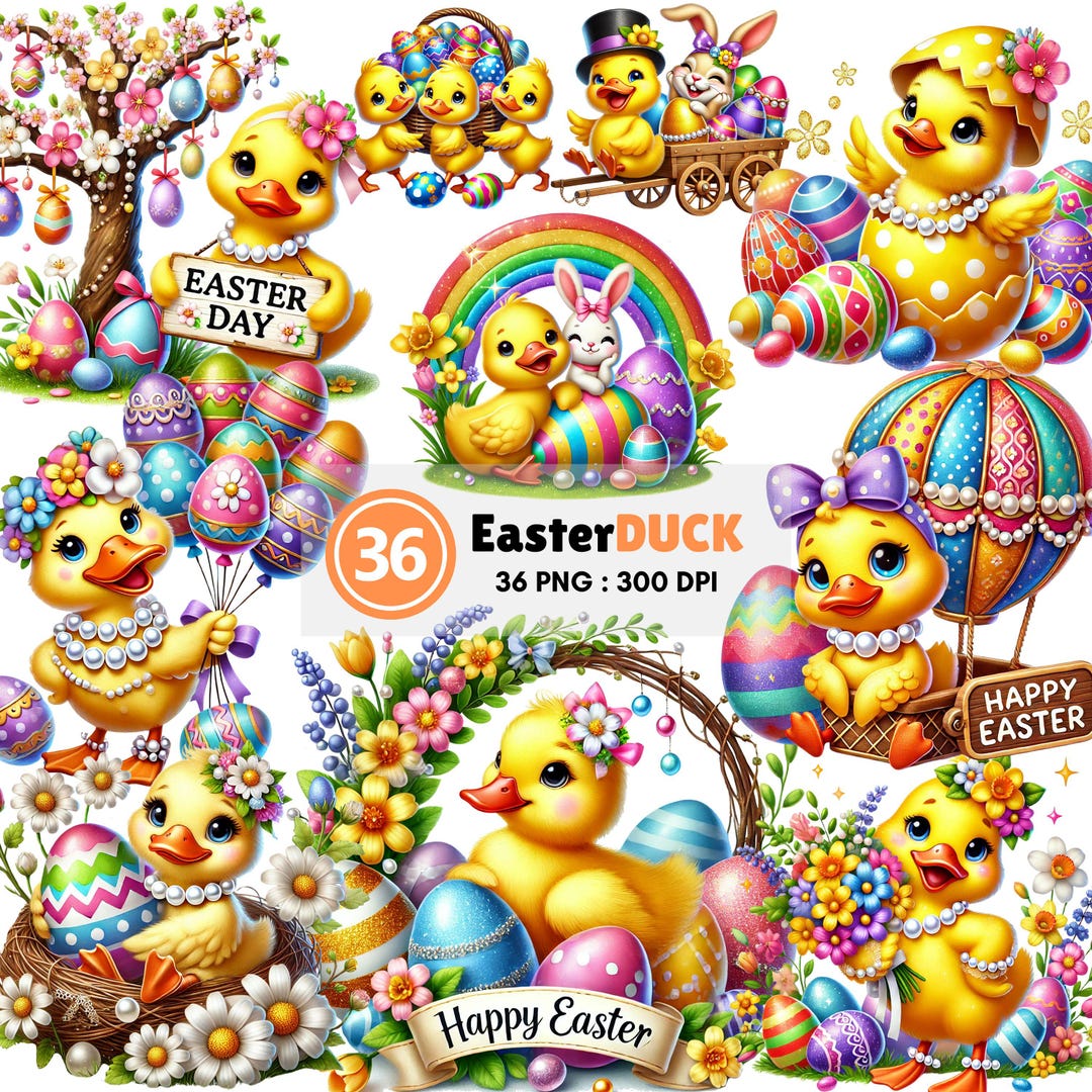 Easter Duck Watercolor Clipart – 36 PNG Cute Ducks With Easter Eggs ...