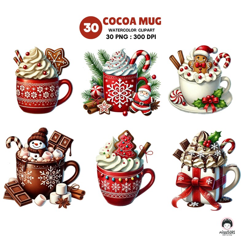 Christmas Cocoa Mug Clipart Set | 30 Festive Watercolor Pngs With ...