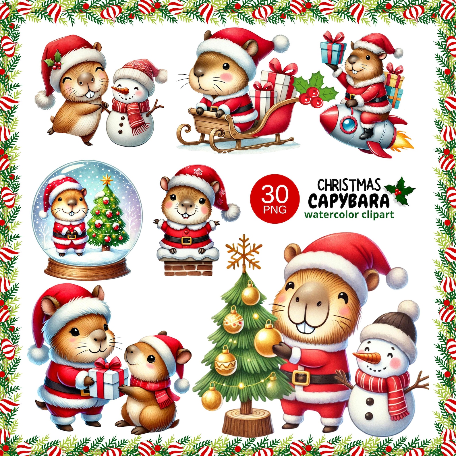 Christmas Capybara Watercolor Clipart Bundle, Cute Capybara Holiday PNG ...