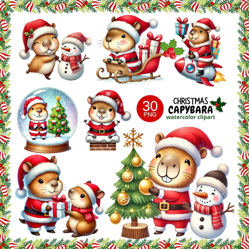 Christmas Capybara Watercolor Clipart Bundle, Cute Capybara Holiday PNG ...