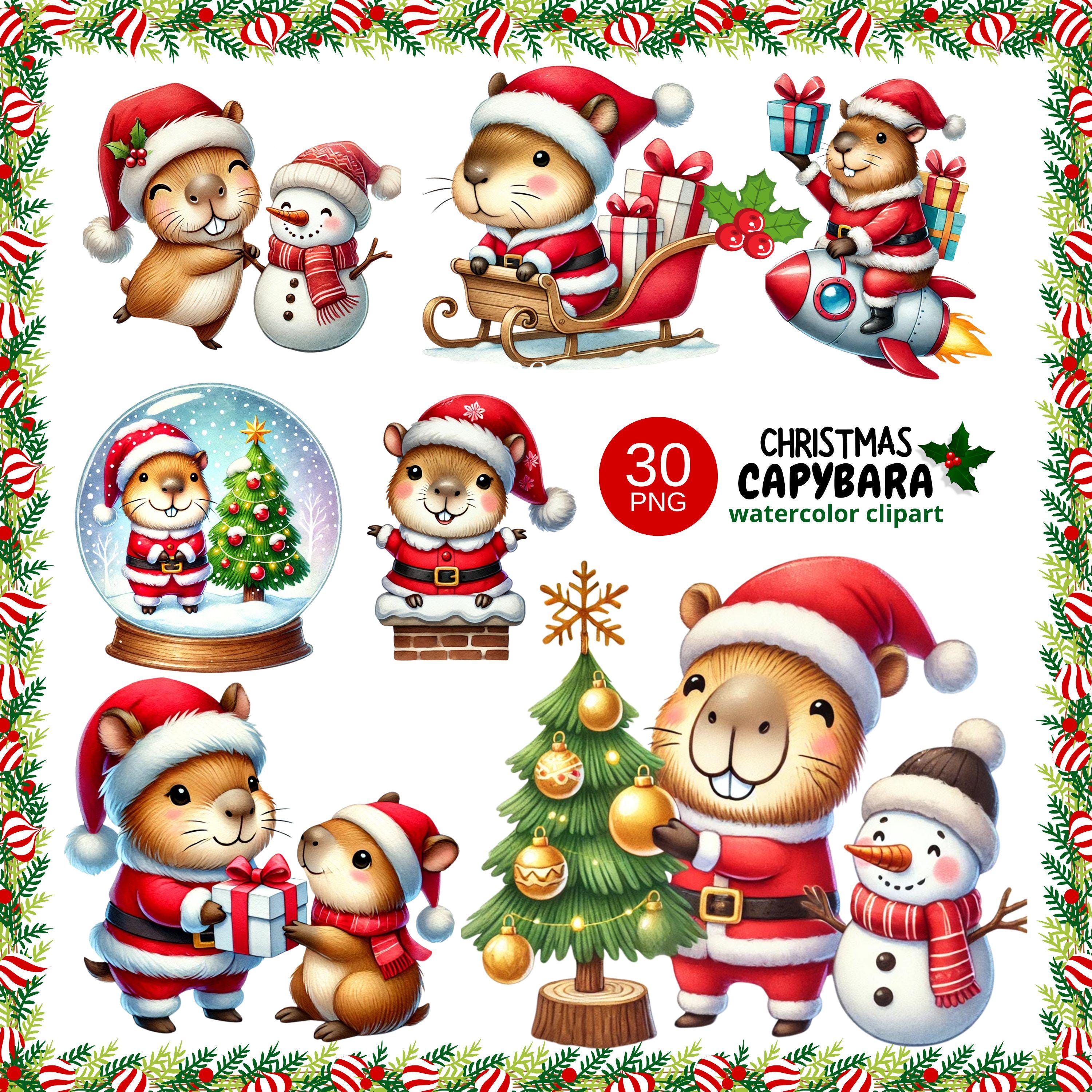 Christmas Capybara Watercolor Clipart Bundle, Cute Capybara Holiday PNG ...