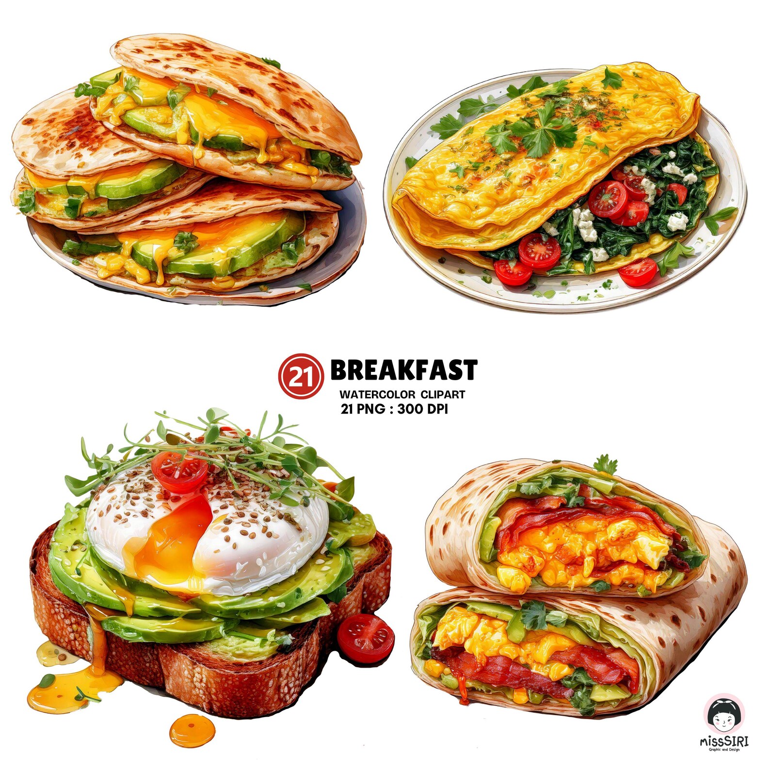 Breakfast Watercolor Clipart – 21 PNG Delicious Morning Dishes With ...