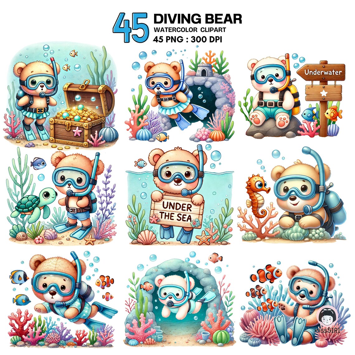 Diving Bear Clipart Bundle – 45 Underwater Adventure Watercolor Pngs ...