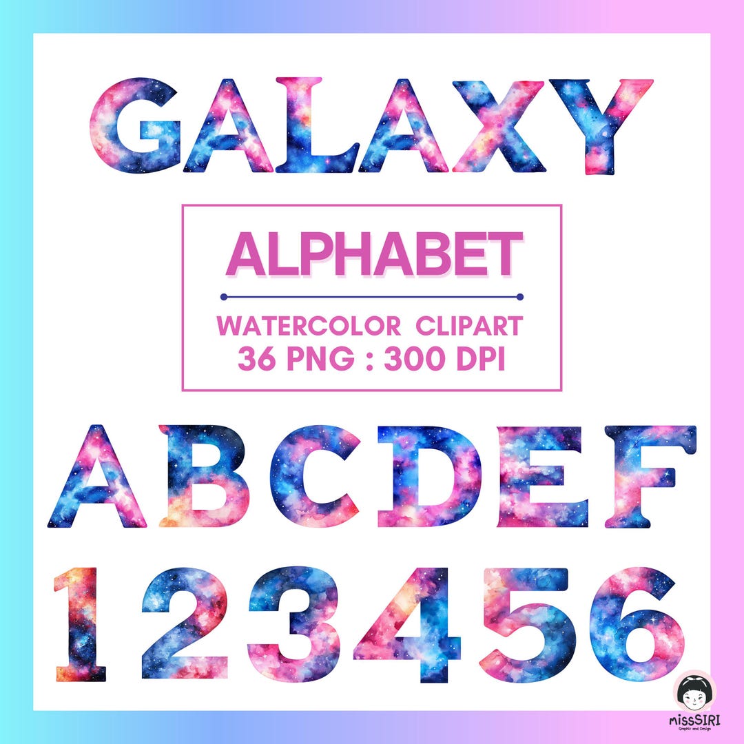 Galaxy Alphabet Watercolor Clipart, 36 PNG Letters and Numbers, Cosmic ...